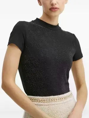 Guess Rhinestone Embellished Logo Pattern Mock Neck Short Sleeve T-shirt - Black
