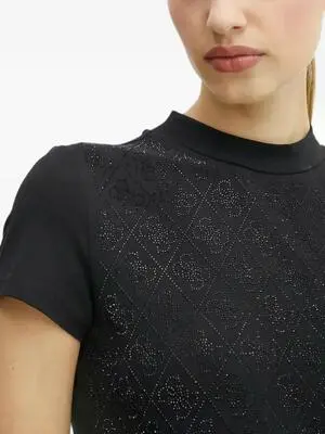 Guess Rhinestone Embellished Logo Pattern Mock Neck Short Sleeve T-shirt - Black