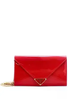 Prada Triangle Logo Envelope Chain Patent Mini Clutch Bag - Red