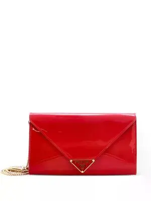 Prada Triangle Logo Envelope Chain Patent Mini Clutch Bag - Red