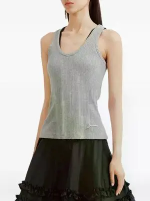 GANNI Ribbed Knit Logo Embroidered Tank Top