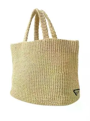 Prada Large Raffia Effect Crochet Embroidered Logo Tote Bag