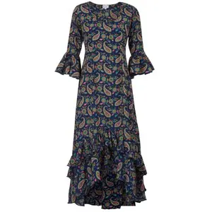 AT LAST... Victoria Midi Dress Navy Teardrop Paisley Print - Blue