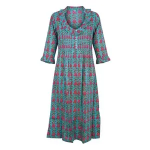AT LAST... Cotton Floral Print 3/4 Sleeve Midi Dress - Blue/pink
