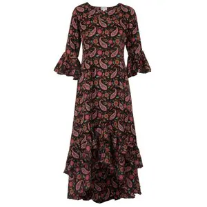 AT LAST... Victoria Midi Dress With Paisley Print And Bell Sleeves - Black
