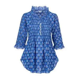 AT LAST... Sophie Cotton Tunic With Pintuck Detail And Ruffle Trim - Blue