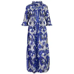 AT LAST... Royal Tropical Print Cotton Maxi Dress - Blue
