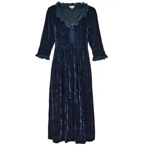 AT LAST... Silk Velvet Karen Dress In Navy - Blue