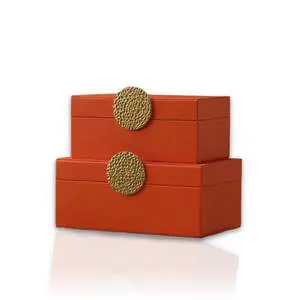 MARLETH Set Of Two Leather Storage Boxes – Faux Leather With Honeycomb Brass Detail - Orange