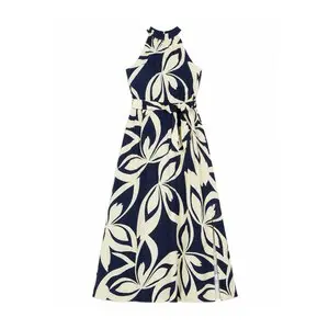 YUMI Navy Geo Swirl Print Halter Maxi Dress - Blue