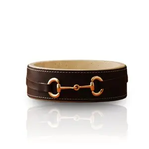 MARLETH Neutrals / Natural Travertine Decorative Bowl With Leather Belt & Gold Horsebit Detail - Black