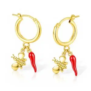 UNALOE Silver / Red Gold Plated Sterling Silver Bee And Red Cornicello Charm Hoop Earrings - Silver/red