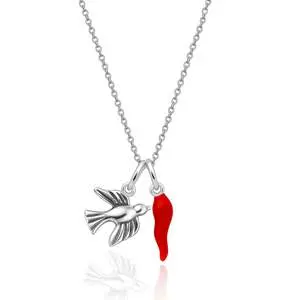 UNALOE Silver / Red Sterling Silver Dove And Red Horn Charm Necklace - Silver/red