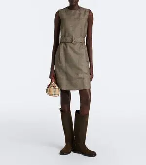 Burberry Belted Checked Wool And Linen-blend Minidress