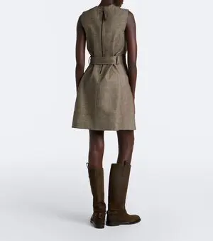 Burberry Belted Checked Wool And Linen-blend Minidress