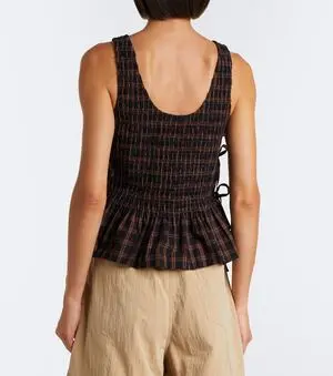 GANNI Checked Shirred Cotton Top