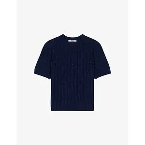 Maje Short-sleeved Rhinestone-embellished Wool-blend Jumper - Navy
