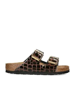 BIRKENSTOCK Leather Croc-embossed Arizona Sandals - Black