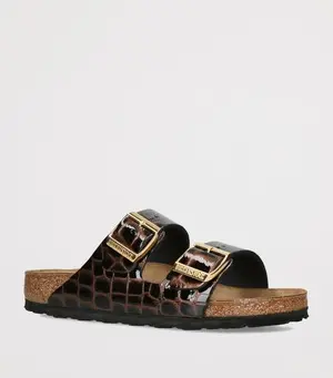 BIRKENSTOCK Leather Croc-embossed Arizona Sandals - Black