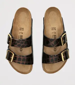 BIRKENSTOCK Leather Croc-embossed Arizona Sandals - Black