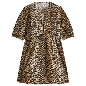 GANNI Printed Cotton Tie String Mini Dress - Leopard