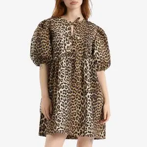 GANNI Printed Cotton Tie String Mini Dress - Leopard