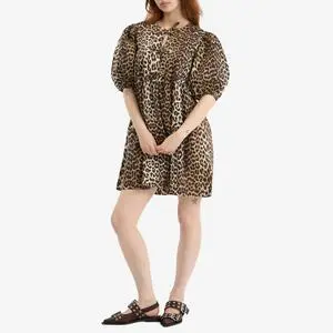 GANNI Printed Cotton Tie String Mini Dress - Leopard