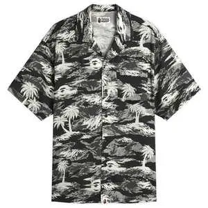 A BATHING APE Palm Tree Camo Open Collar Pocket Ss Shirt - Black