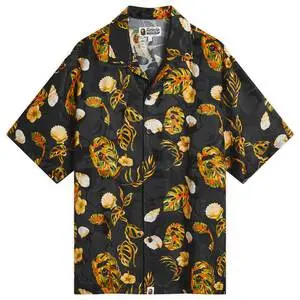 A BATHING APE Vacation Pattern Open Collar Ss Shirt - Black