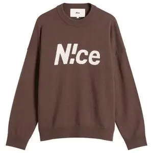 N!CE Intarsia Logo Knit Sweater - Brown