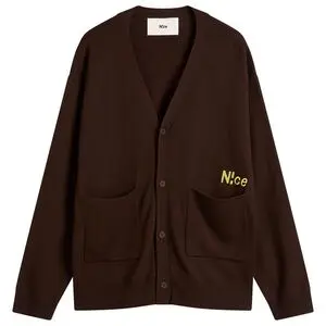 N!CE Embroidered Logo Knit Cardigan - Brown