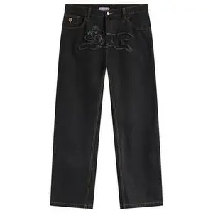 ICECREAM Applique Running Dog Double Scoop Denim Pants - Black