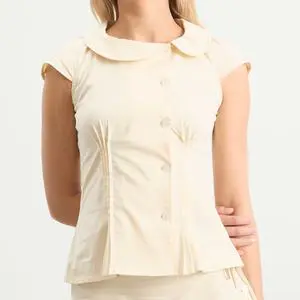PEACHY DEN Missy Asymmetric Stretch Blouse Presented End - Parchment