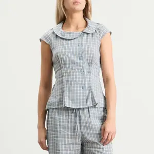 PEACHY DEN Missy Asymmetric Gingham Blouse - Check