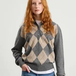 RÓHE Argyle Mouliné Wool Polo - Grey/oat Check