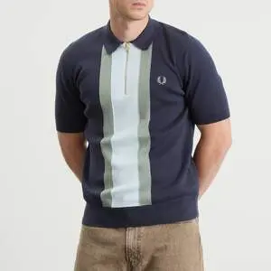 Fred Perry Textured Stripe Knitted Zip Polo Shirt - Dark Airforce