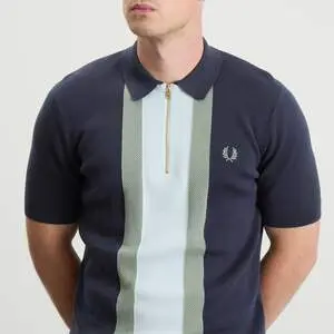 Fred Perry Textured Stripe Knitted Zip Polo Shirt - Dark Airforce