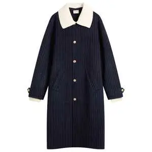 Drole De Monsieur Pinstripe Long Coat With Detachable Collar - Dark Navy