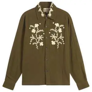 KARTIK RESEARCH Embroidered Western Shirt - Olive/ecru
