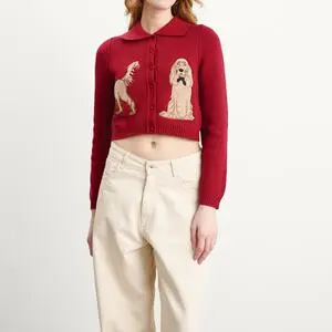 HOUSE OF SUNNY Lady Tripper Dog Embroidered Cropped Cardigan - Ruby Red
