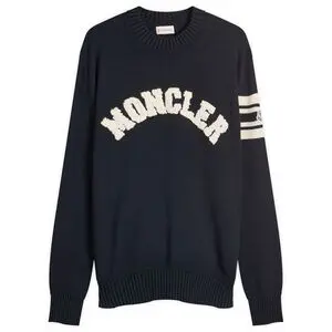 Moncler Logo Crew Neck Cotton Knitwear - Navy