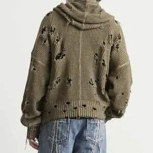 THUG CLUB Distressed Knitted Zip-up Hoodie
