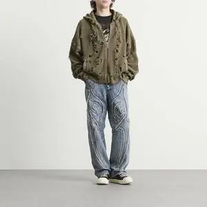 THUG CLUB Distressed Knitted Zip-up Hoodie