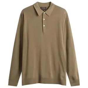 BEAMS 12g Knit Long Sleeve Polo - Mocha