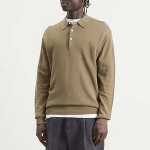 BEAMS 12g Knit Long Sleeve Polo - Mocha
