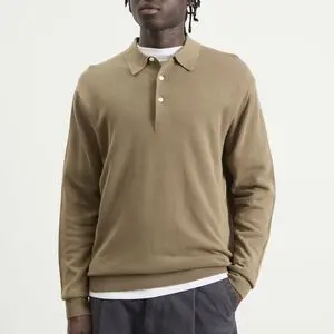 BEAMS 12g Knit Long Sleeve Polo - Mocha