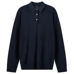 BEAMS 12g Knit Long Sleeve Polo - Navy