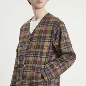 Needles Embroidered Madras Plaid Cardigan