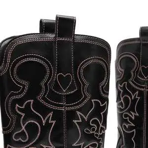 GANNI Mid Shaft Embroidered Western Boots - Black/pink