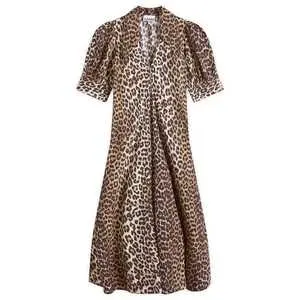 GANNI Printed Poplin Midi Dress - Leopard